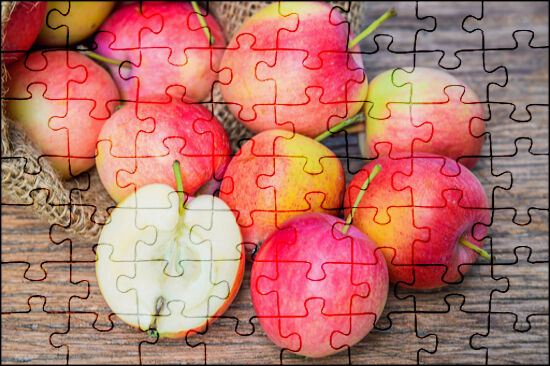 Fresh Apples With A Cloth Sack Bag On Wood Table Jigsaw Puzzle